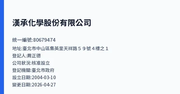 漢承化學股份有限公司的照片-統編 80679474(臺北市) 公司登記資料與營業項目詳細圖表