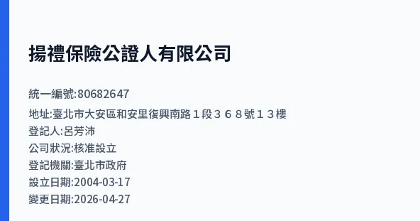 揚禮保險公證人有限公司的照片-統編 80682647(臺北市) 公司登記資料與營業項目詳細圖表