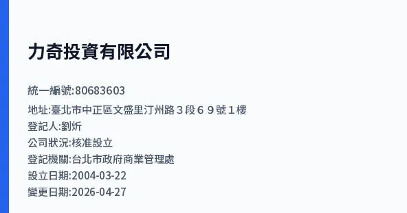力奇投資有限公司的照片-統編 80683603(臺北市) 公司登記資料與營業項目詳細圖表