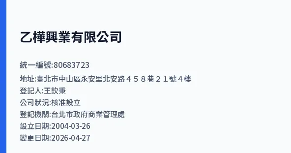 乙樺興業有限公司的照片-統編 80683723(臺北市) 公司登記資料與營業項目詳細圖表