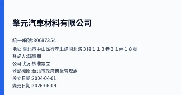 肇元汽車材料有限公司的照片-統編 80687354(臺北市) 公司登記資料與營業項目詳細圖表