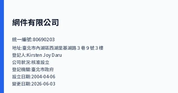 網件有限公司的照片-統編 80690203(臺北市) 公司登記資料與營業項目詳細圖表