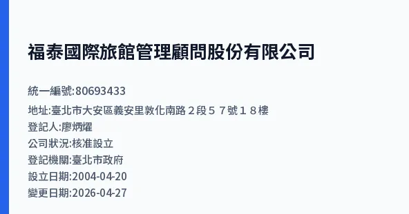 福泰國際旅館管理顧問股份有限公司的照片-統編 80693433(臺北市) 公司登記資料與營業項目詳細圖表