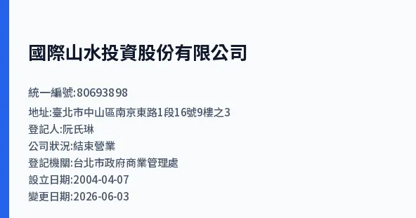 國際山水投資股份有限公司的照片-統編 80693898(臺北市) 公司登記資料與營業項目詳細圖表