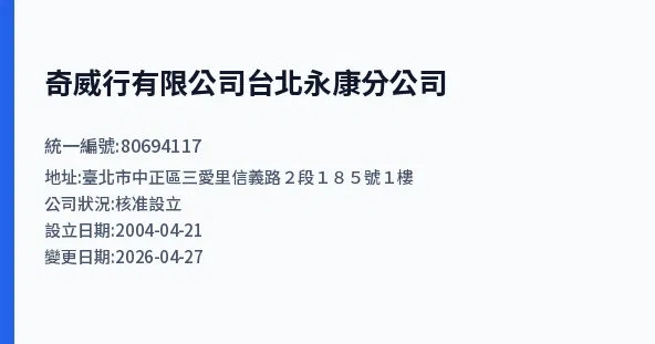 奇威行有限公司台北永康分公司的照片-統編 80694117(臺北市) 公司登記資料與營業項目詳細圖表