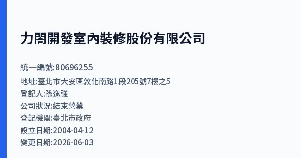力閤開發室內裝修股份有限公司的照片-統編 80696255(臺北市) 公司登記資料與營業項目詳細圖表