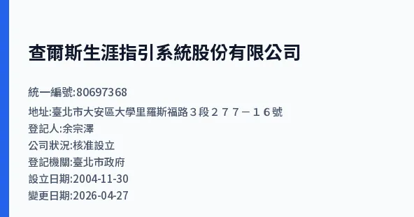 查爾斯生涯指引系統股份有限公司的照片-統編 80697368(臺北市) 公司登記資料與營業項目詳細圖表