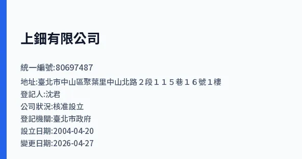 上鈿有限公司的照片-統編 80697487(臺北市) 公司登記資料與營業項目詳細圖表