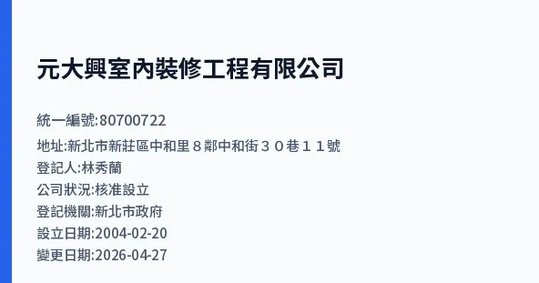 元大興室內裝修工程有限公司的照片-統編 80700722(新北市) 公司登記資料與營業項目詳細圖表