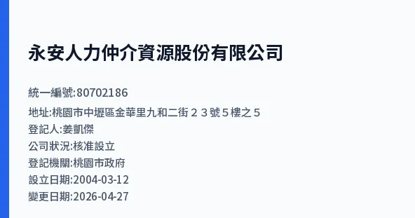 永安人力仲介資源股份有限公司的照片-統編 80702186(桃園市) 公司登記資料與營業項目詳細圖表