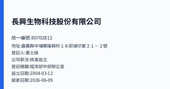 長興生物科技股份有限公司的照片-統編 80702812(嘉義縣) 公司登記資料與營業項目詳細圖表