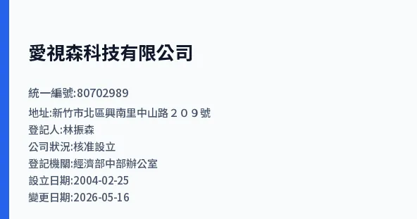 愛視森科技有限公司的照片-統編 80702989(新竹市) 公司登記資料與營業項目詳細圖表