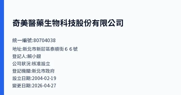 奇美醫藥生物科技股份有限公司的照片-統編 80704038(新北市) 公司登記資料與營業項目詳細圖表