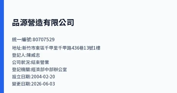 品源營造有限公司的照片-統編 80707529(新竹市) 公司登記資料與營業項目詳細圖表