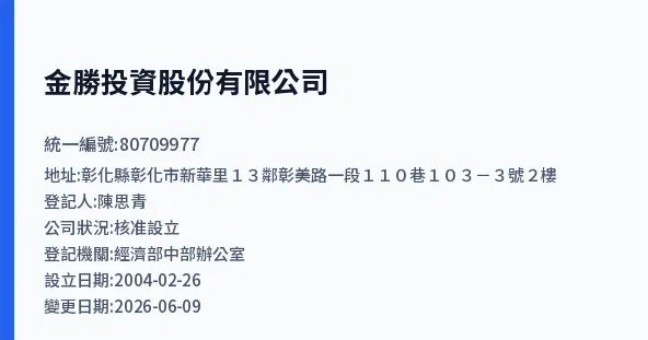 金勝投資股份有限公司的照片-統編 80709977(彰化縣) 公司登記資料與營業項目詳細圖表