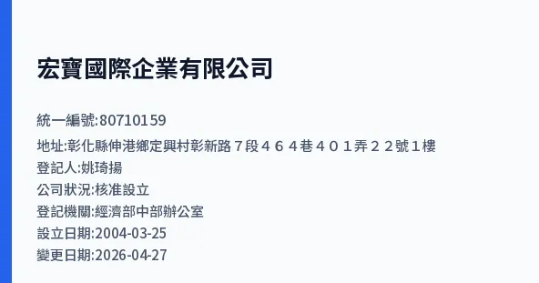宏寶國際企業有限公司的照片-統編 80710159(彰化縣) 公司登記資料與營業項目詳細圖表