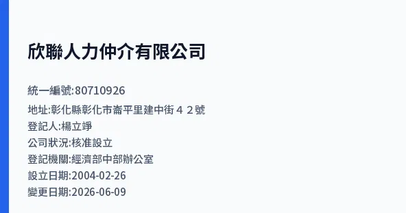 欣聯人力仲介有限公司的照片-統編 80710926(彰化縣) 公司登記資料與營業項目詳細圖表