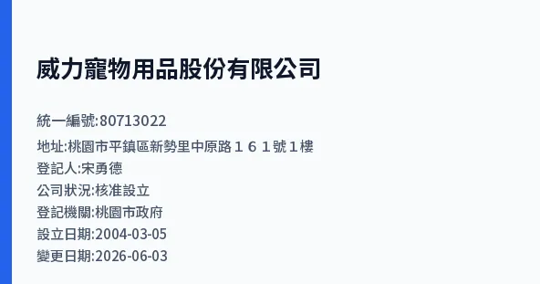 威力寵物用品股份有限公司的照片-統編 80713022(桃園市) 公司登記資料與營業項目詳細圖表