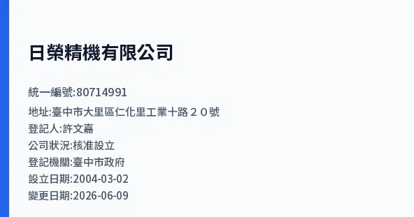 日榮精機有限公司的照片-統編 80714991(臺中市) 公司登記資料與營業項目詳細圖表