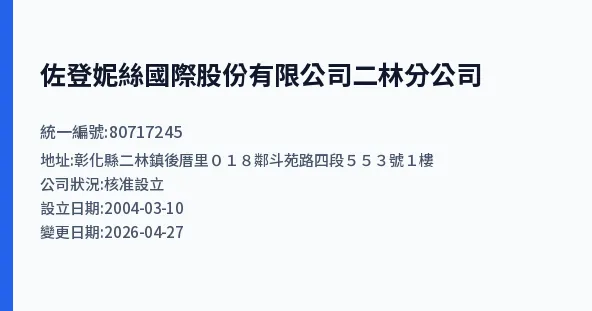 佐登妮絲國際股份有限公司二林分公司的照片-統編 80717245(彰化縣) 公司登記資料與營業項目詳細圖表