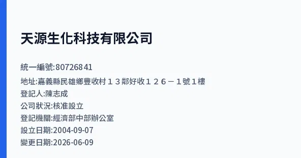 天源生化科技有限公司的照片-統編 80726841(嘉義縣) 公司登記資料與營業項目詳細圖表