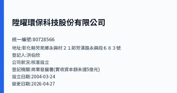 陞曜環保科技股份有限公司的照片-統編 80728566(彰化縣) 公司登記資料與營業項目詳細圖表