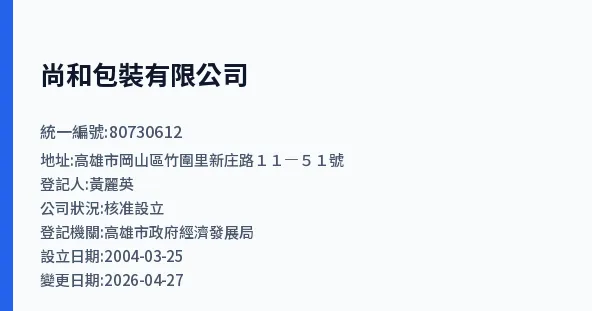 尚和包裝有限公司的照片-統編 80730612(高雄市) 公司登記資料與營業項目詳細圖表