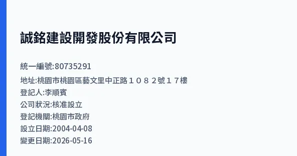 誠銘建設開發股份有限公司的照片-統編 80735291(桃園市) 公司登記資料與營業項目詳細圖表