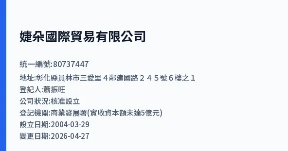 婕朵國際貿易有限公司的照片-統編 80737447(彰化縣) 公司登記資料與營業項目詳細圖表