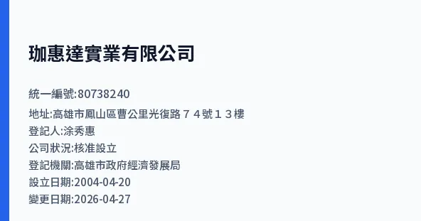 珈惠達實業有限公司的照片-統編 80738240(高雄市) 公司登記資料與營業項目詳細圖表