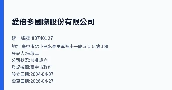 愛倍多國際股份有限公司的照片-統編 80740127(臺中市) 公司登記資料與營業項目詳細圖表