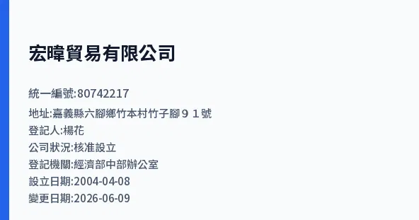 宏暐貿易有限公司的照片-統編 80742217(嘉義縣) 公司登記資料與營業項目詳細圖表
