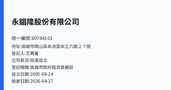 永錩隆股份有限公司的照片-統編 80744101(高雄市) 公司登記資料與營業項目詳細圖表
