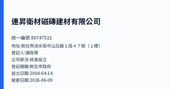 連昇衛材磁磚建材有限公司的照片-統編 80747521(新北市) 公司登記資料與營業項目詳細圖表