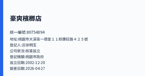 豪爽檳榔店的照片-統編 80754894(桃園市) 公司登記資料與營業項目詳細圖表