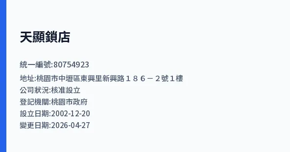 天顯鎖店的照片-統編 80754923(桃園市) 公司登記資料與營業項目詳細圖表