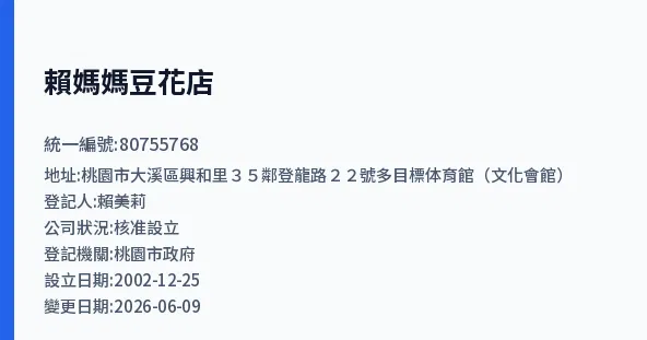 賴媽媽豆花店的照片-統編 80755768(桃園市) 公司登記資料與營業項目詳細圖表