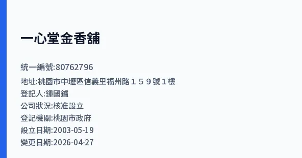 一心堂金香舖的照片-統編 80762796(桃園市) 公司登記資料與營業項目詳細圖表