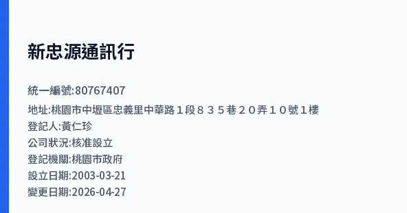 新忠源通訊行的照片-統編 80767407(桃園市) 公司登記資料與營業項目詳細圖表