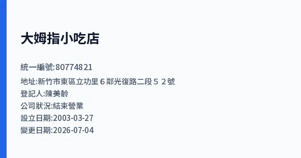 大姆指小吃店的照片-統編 80774821(新竹市) 公司登記資料與營業項目詳細圖表