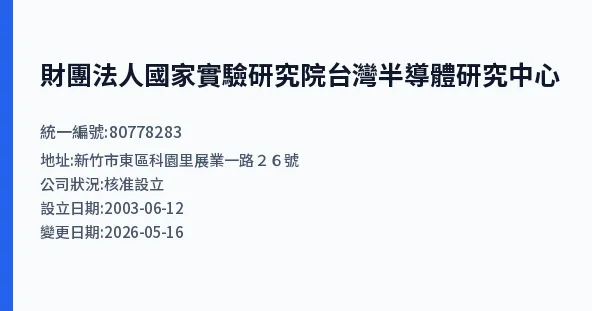財團法人國家實驗研究院台灣半導體研究中心的照片-統編 80778283(新竹市) 公司登記資料與營業項目詳細圖表