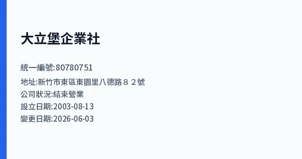 大立堡企業社的照片-統編 80780751(新竹市) 公司登記資料與營業項目詳細圖表