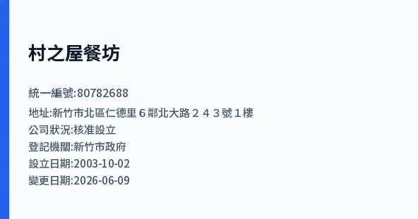 村之屋餐坊的照片-統編 80782688(新竹市) 公司登記資料與營業項目詳細圖表