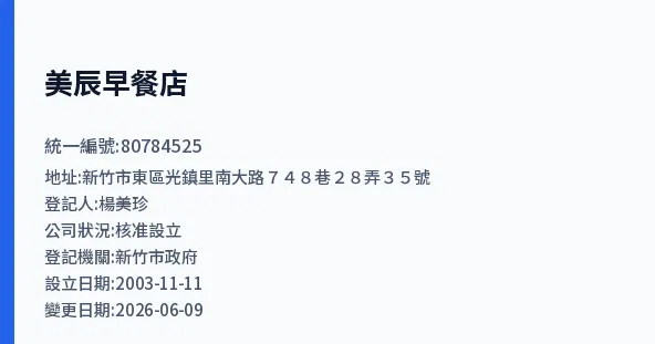 美辰早餐店的照片-統編 80784525(新竹市) 公司登記資料與營業項目詳細圖表