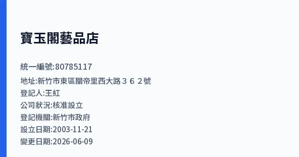 寶玉閣藝品店的照片-統編 80785117(新竹市) 公司登記資料與營業項目詳細圖表