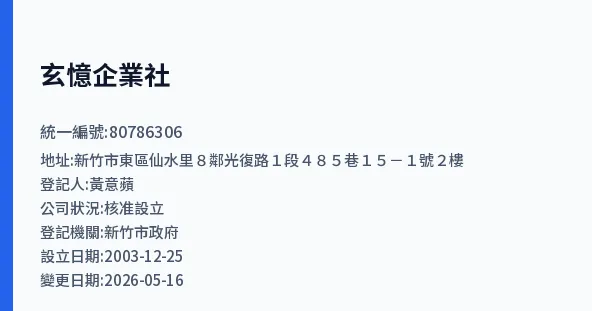 玄憶企業社的照片-統編 80786306(新竹市) 公司登記資料與營業項目詳細圖表