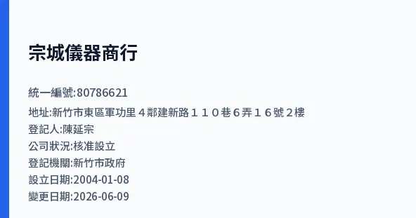 宗城儀器商行的照片-統編 80786621(新竹市) 公司登記資料與營業項目詳細圖表