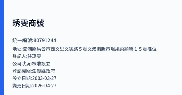 琇雯商號的照片-統編 80791244(澎湖縣) 公司登記資料與營業項目詳細圖表