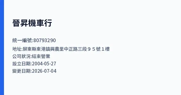 晉昇機車行的照片-統編 80793290(屏東縣) 公司登記資料與營業項目詳細圖表