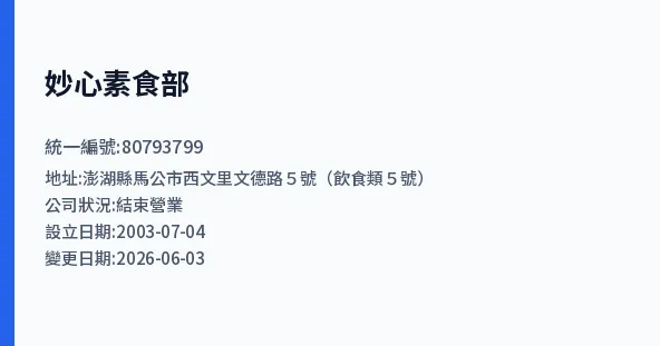 妙心素食部的照片-統編 80793799(澎湖縣) 公司登記資料與營業項目詳細圖表